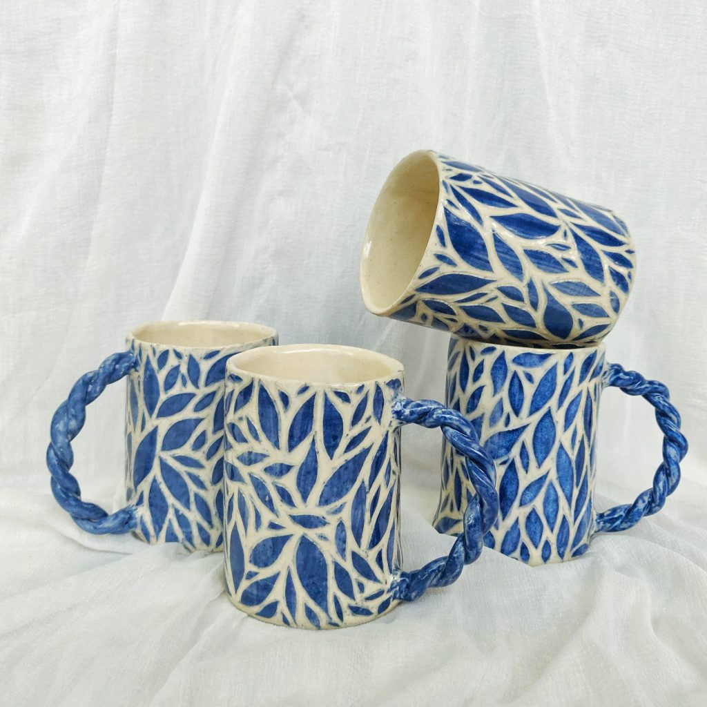 Leafy Sgraffito Mug with Twisted Handle | Mridakaari